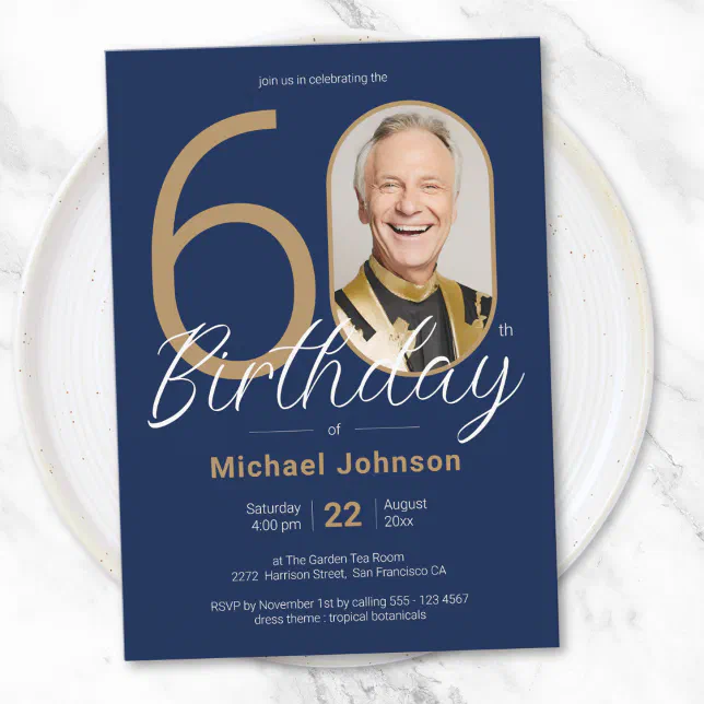 Simple Custom Photo Navy Blue 60th Birthday Invitation | Zazzle