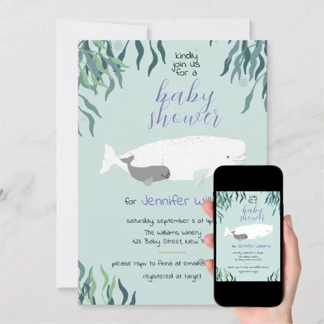 Simple Cute Beluga Whale Light Blue Baby Shower Invitation | Zazzle