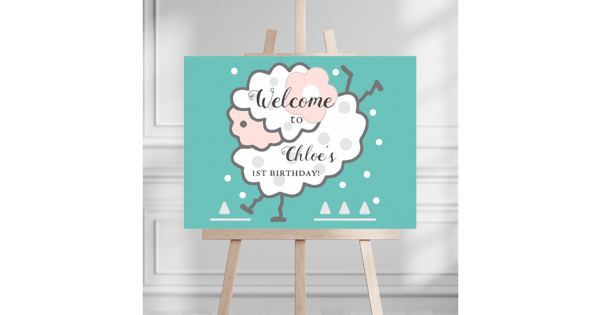 Simple Cute Jumping Lamb 1st Birthday Cyan Welcome Foam Board | Zazzle