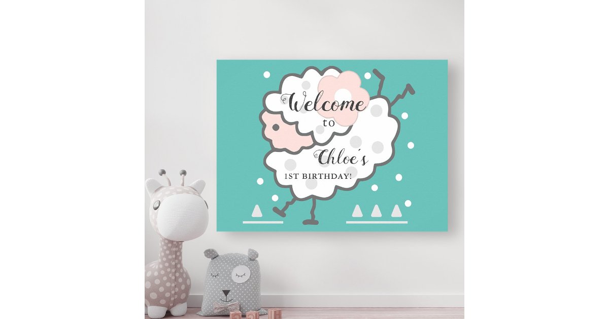 Simple Cute Jumping Lamb 1st Birthday Cyan Welcome Poster | Zazzle