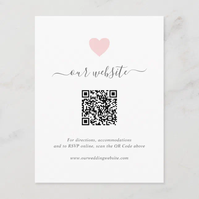 Simple Cute Pink Heart QR Code Website Wedding Enclosure Card | Zazzle