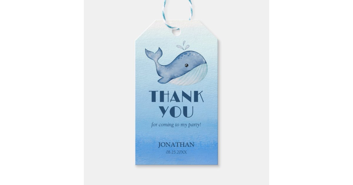 Simple Cute Whale Blue Sea Birthday Thank You Gift Tags | Zazzle