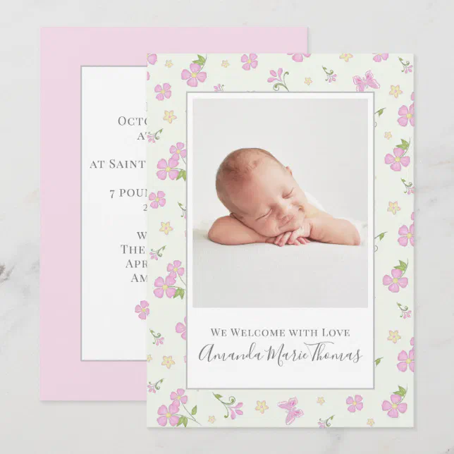 Simple Cute Whimsical Floral Photo Pink Girl Announcement | Zazzle