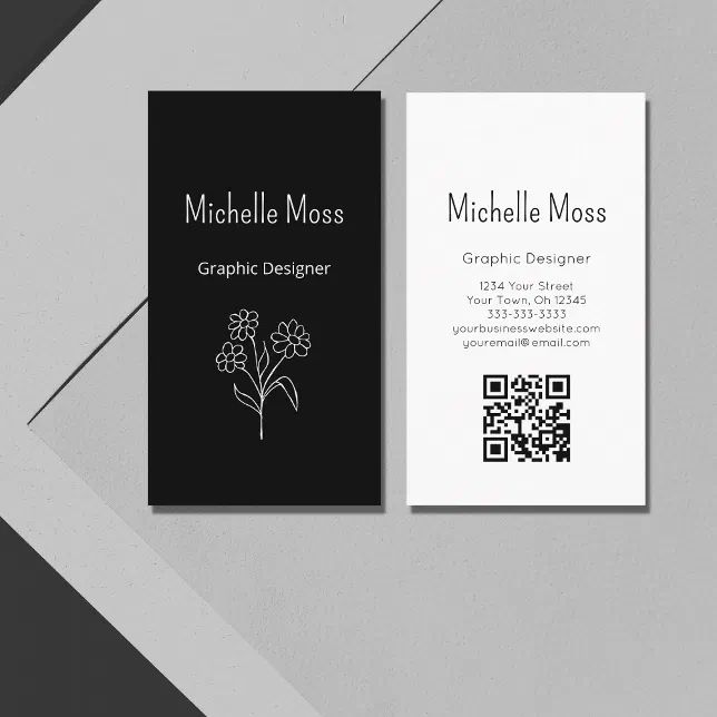 Simple Daisy QR code Black White Graphic Designer Business Card | Zazzle