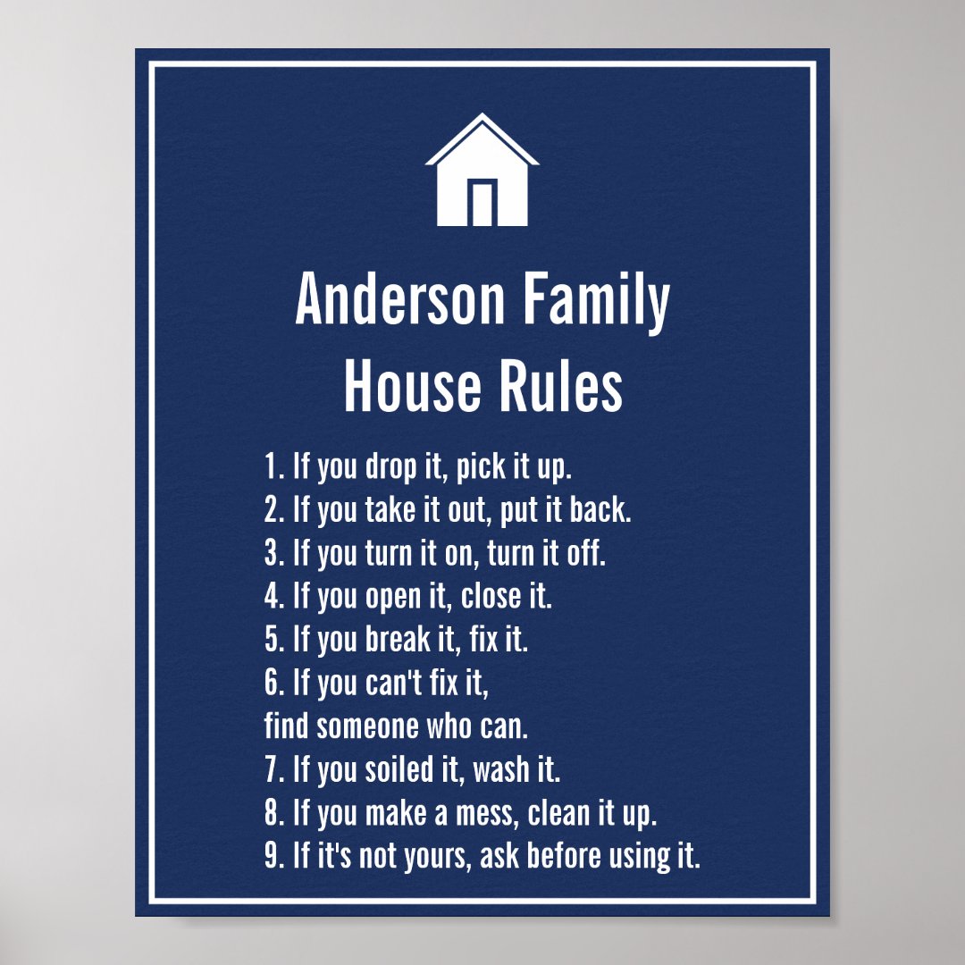 Simple Dark Blue and White Family Rules Template Poster | Zazzle