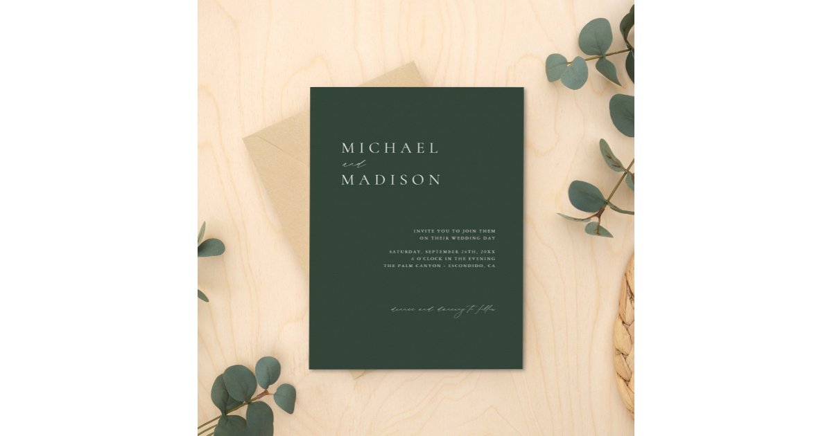 Simple Dark Green Moss Scandi Minimalist Wedding Invitation | Zazzle