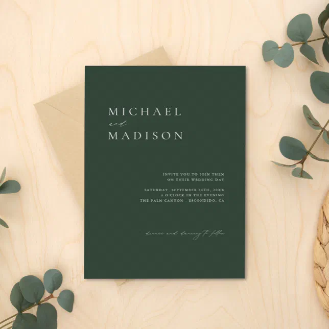 Simple Dark Green Moss Scandi Minimalist Wedding Invitation | Zazzle