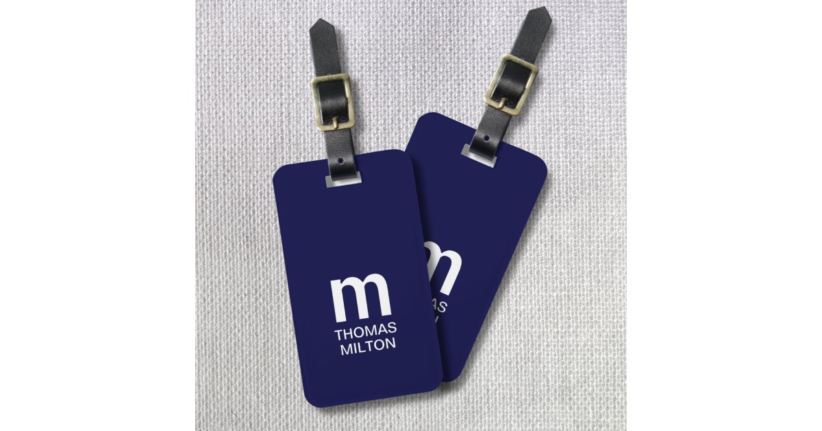 Simple Dark Navy Blue White Bold Monogram Luggage Tag | Zazzle