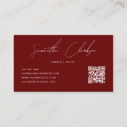 Simple Dark Red Modern Handwritten Script QR code Business Card | Zazzle