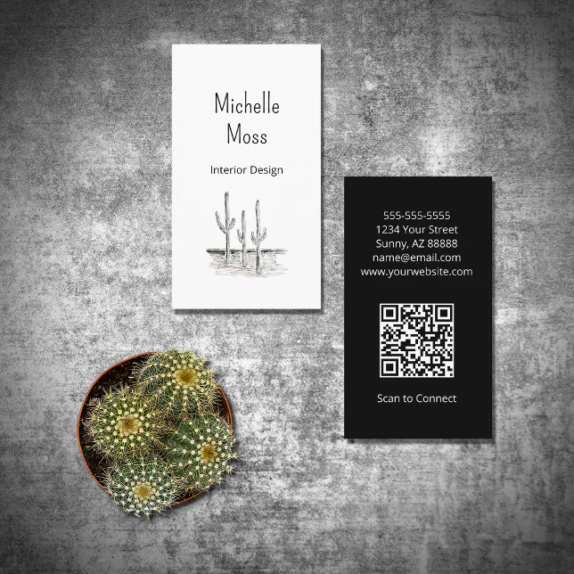 Simple Desert Cactus QR code Black White Business Card | Zazzle