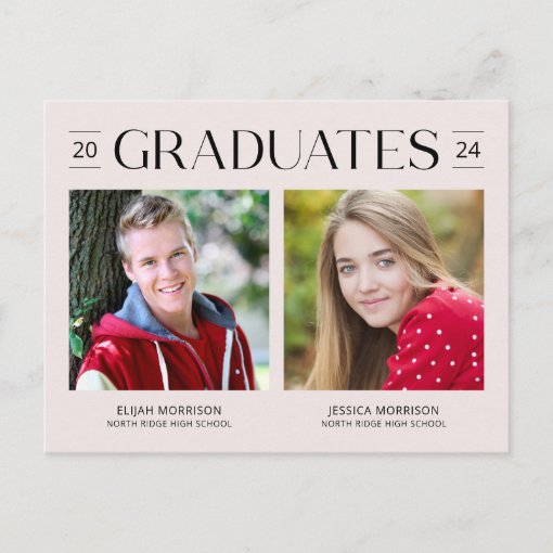 Simple Double Graduation Two Photos Blush Pink Postcard | Zazzle