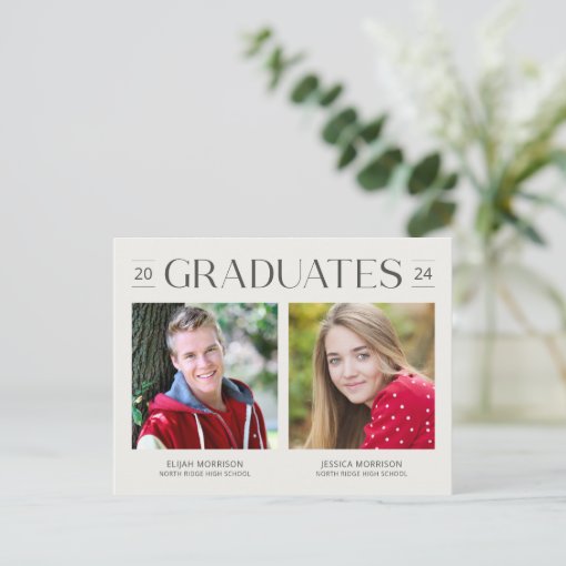 Simple Double Graduation Two Photos Cream & Gray Postcard | Zazzle