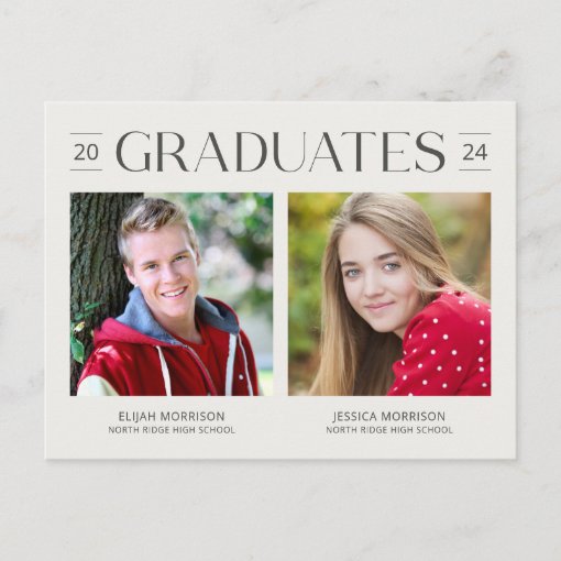 Simple Double Graduation Two Photos Cream & Gray Postcard | Zazzle