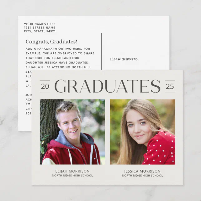 Simple Double Graduation Two Photos Cream & Gray Postcard | Zazzle