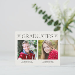 Simple Double Graduation Two Photos Cream & Gray Postcard | Zazzle
