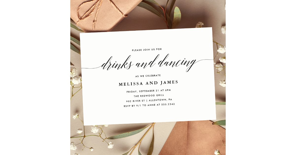 Simple Drinks and Dancing Wedding Invitation | Zazzle