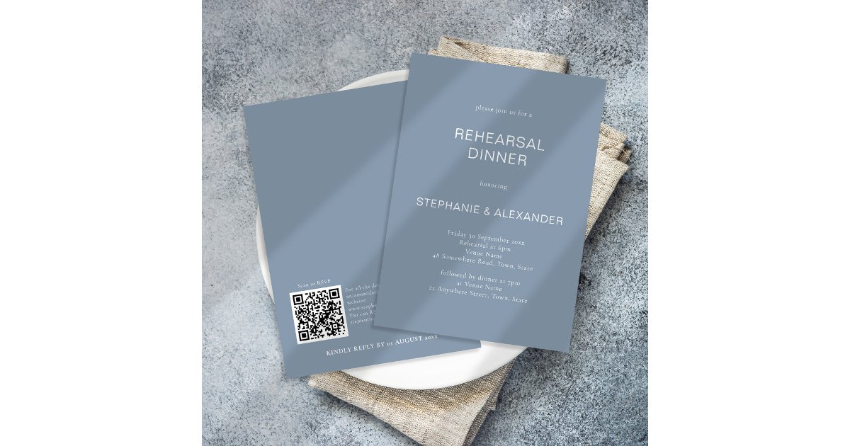 Simple Dusty Blue QR Code Rehearsal Dinner Invitation | Zazzle