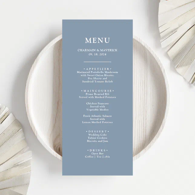 Simple Dusty Blue Wedding Menu | Zazzle