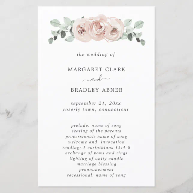 Simple Dusty Rose Floral Elegant Wedding Program | Zazzle