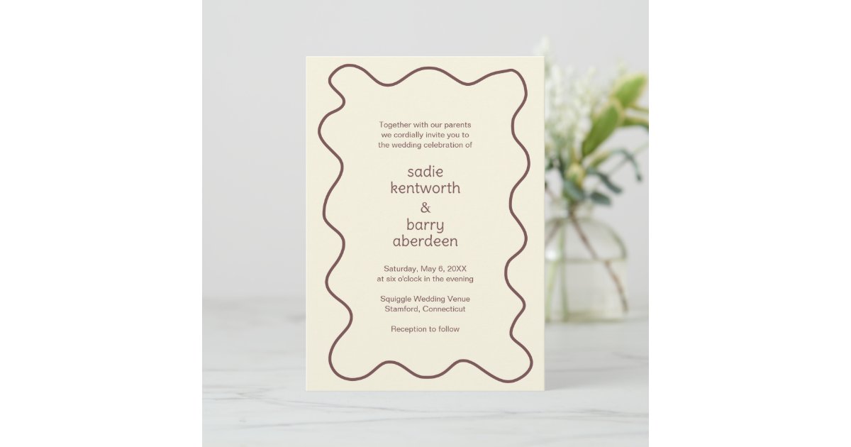 Simple Earthy Brown Squiggle Frame Modern Wedding Invitation | Zazzle