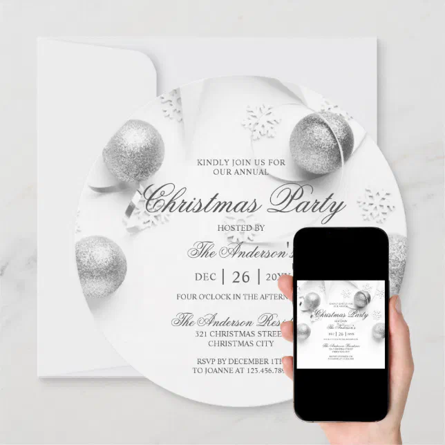 Simple Elagant White and Silver Christmas Party Invitation | Zazzle