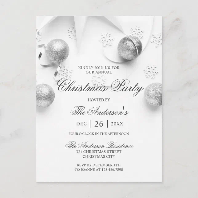 Simple Elagant White and Silver Christmas Party Invitation Postcard ...