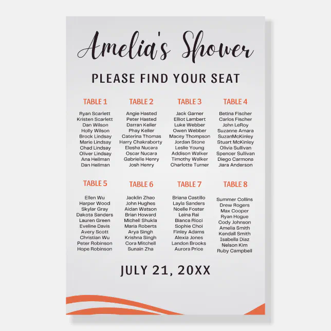Simple Elegan Editable Bridal Shower Seating Chart Foam Board | Zazzle