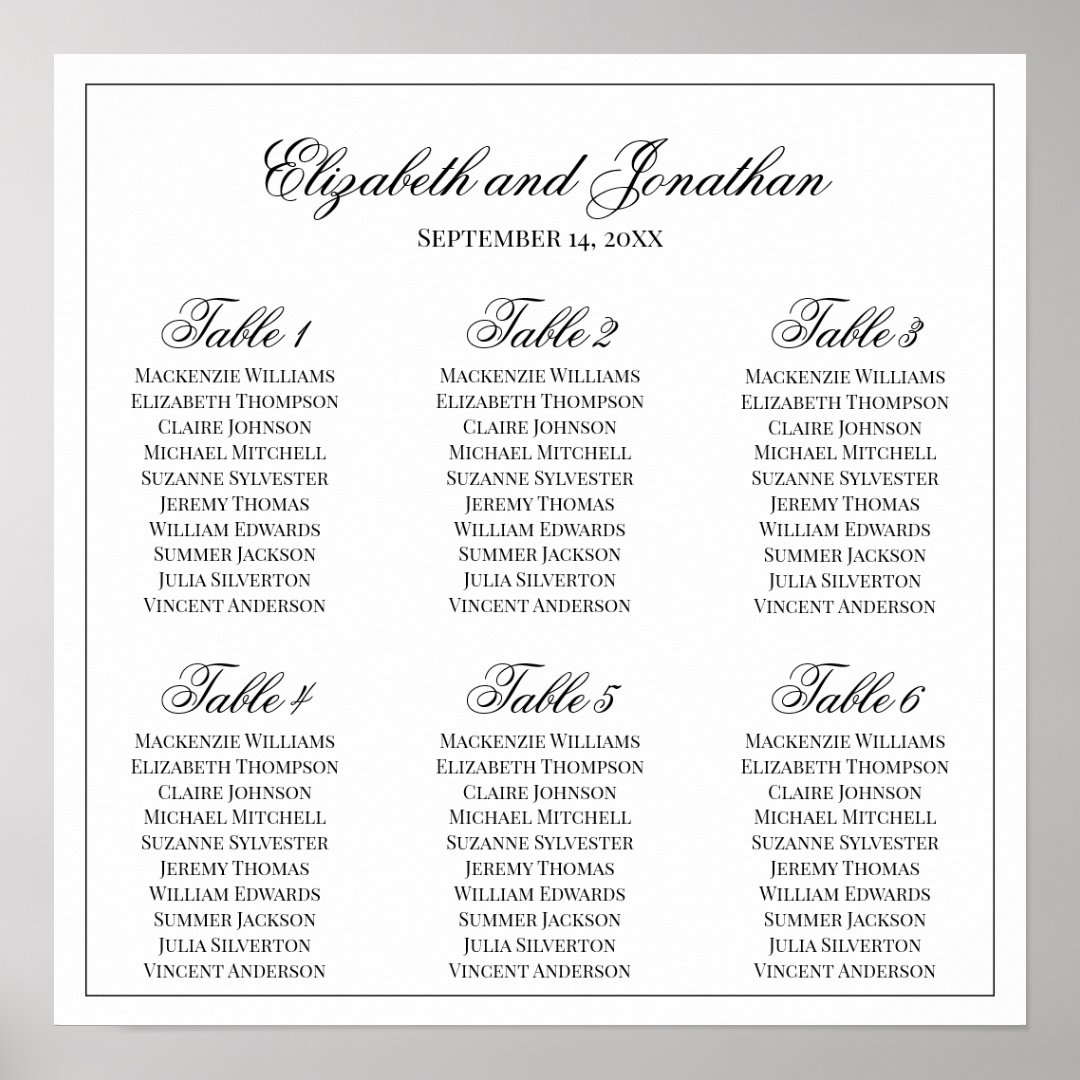 Simple Elegance 6 Table Wedding Seating Chart | Zazzle