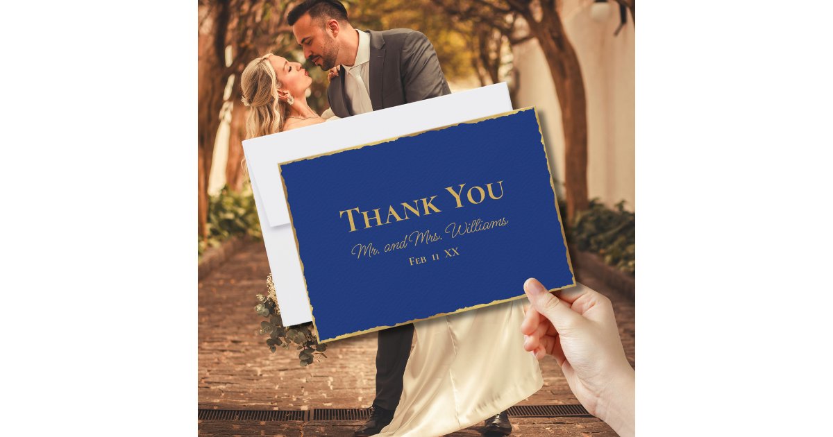 Simple Elegance Royal Blue Luxe Gold Edge Wedding Thank You Card | Zazzle