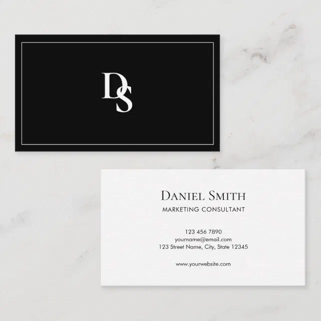 Simple Elegant Black and White Monogram Initial Business Card | Zazzle