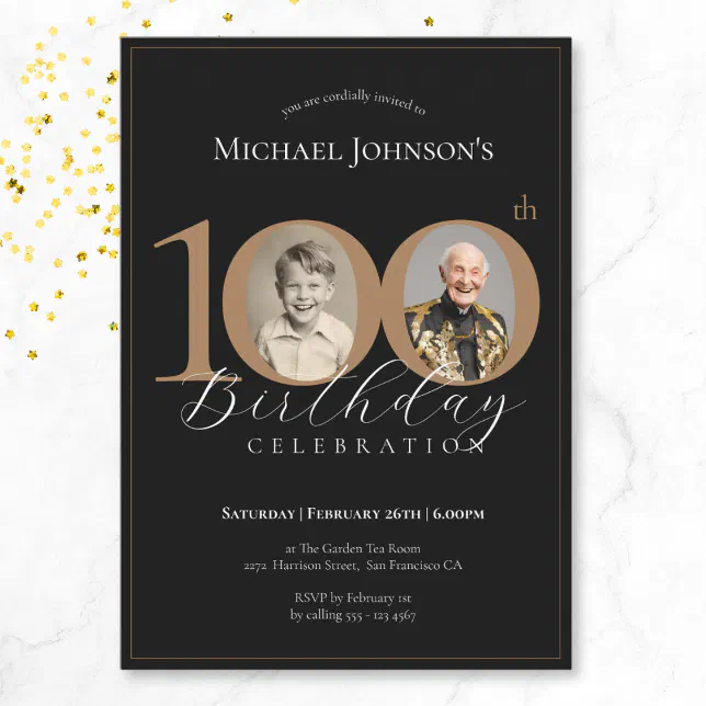Simple Elegant Black Gold Photo 100th Birthday Invitation | Zazzle
