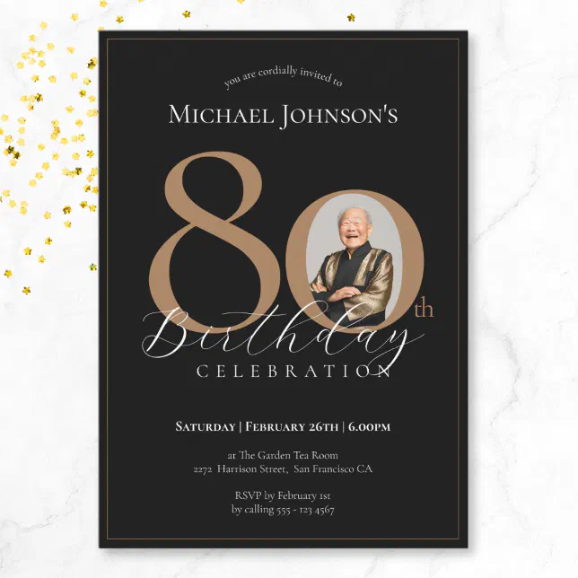 Simple Elegant Black Gold Photo 80th Birthday Invitation | Zazzle