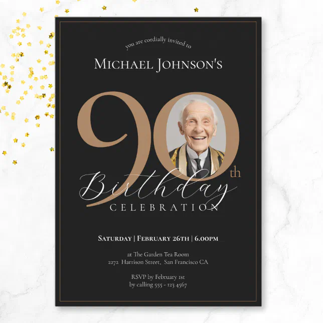 Simple Elegant Black Gold Photo 90th Birthday Invitation | Zazzle