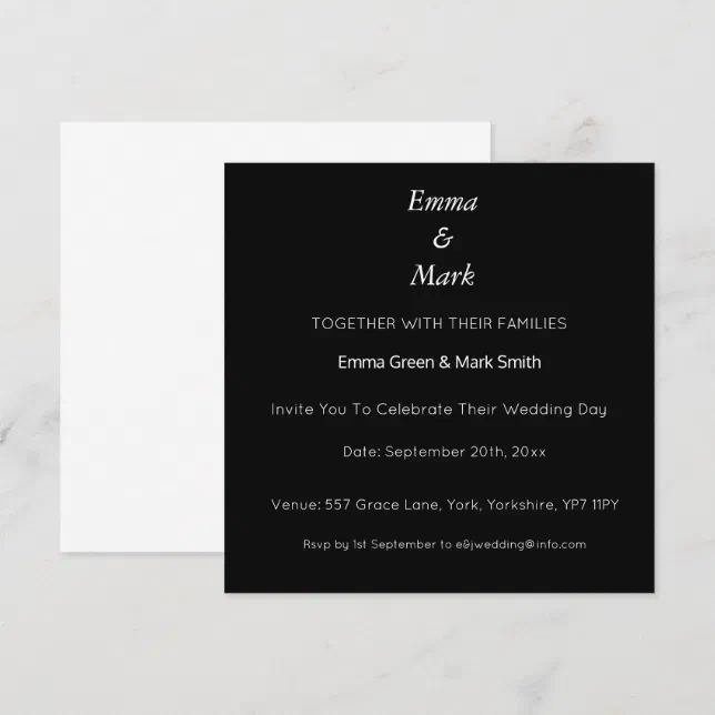 Simple Elegant Black Modern Wedding Square Invitation | Zazzle
