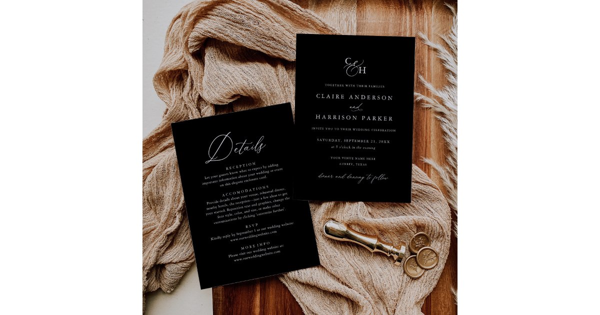 Simple Elegant Black Monogram Wedding Details Invitation | Zazzle