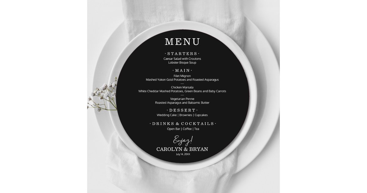Simple Elegant Black Round Wedding Dinner Menu | Zazzle