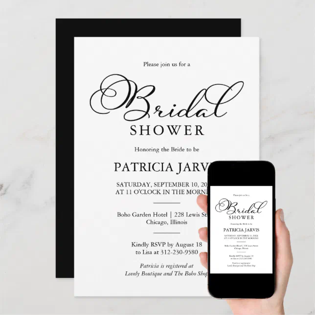 Simple Elegant Black Script Bridal Shower Invitation | Zazzle