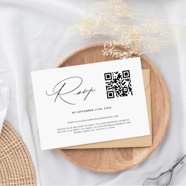 Simple Elegant Black & White QR Code Wedding RSVP Card | Zazzle