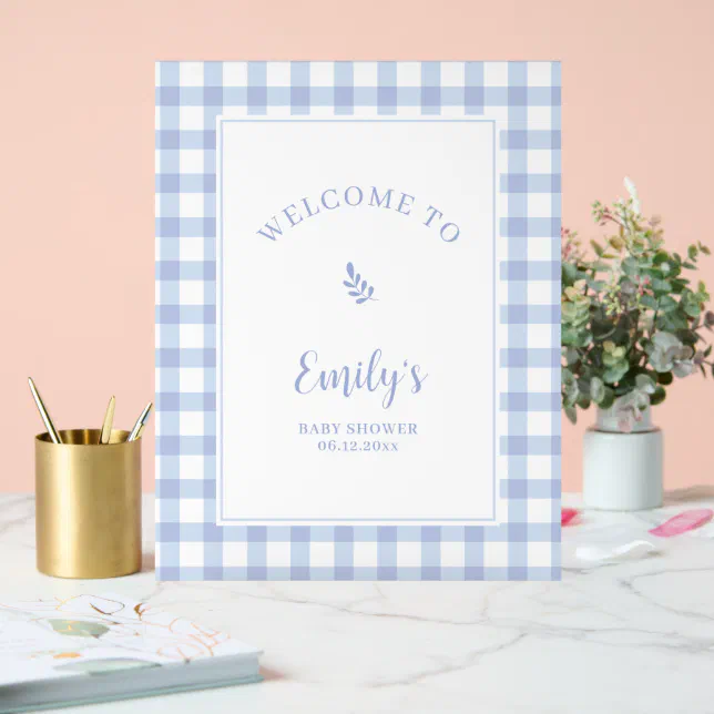 Simple Elegant Blue Gingham Baby Shower Welcome Acrylic Sign | Zazzle