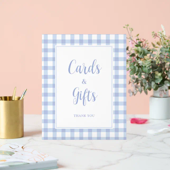 Simple Elegant Blue Gingham Cards and Gifts Sign | Zazzle