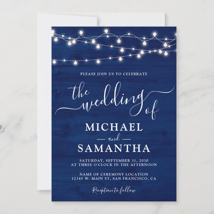 Simple Elegant Blue Wood Rustic Wedding Invitation | Zazzle