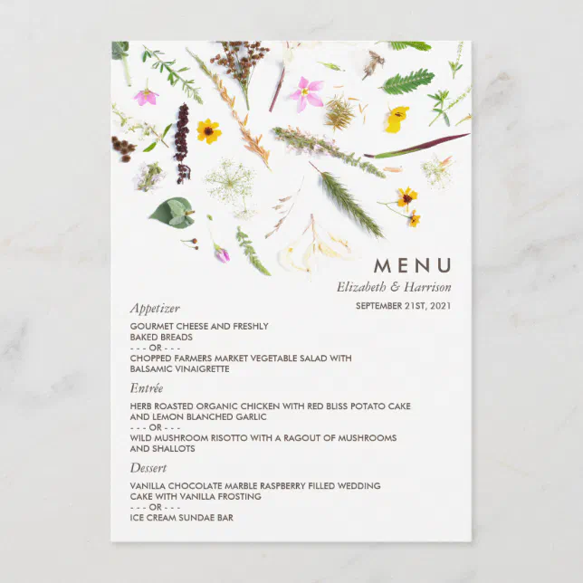 Simple Elegant Botanical Wild Flower Wedding Menu | Zazzle