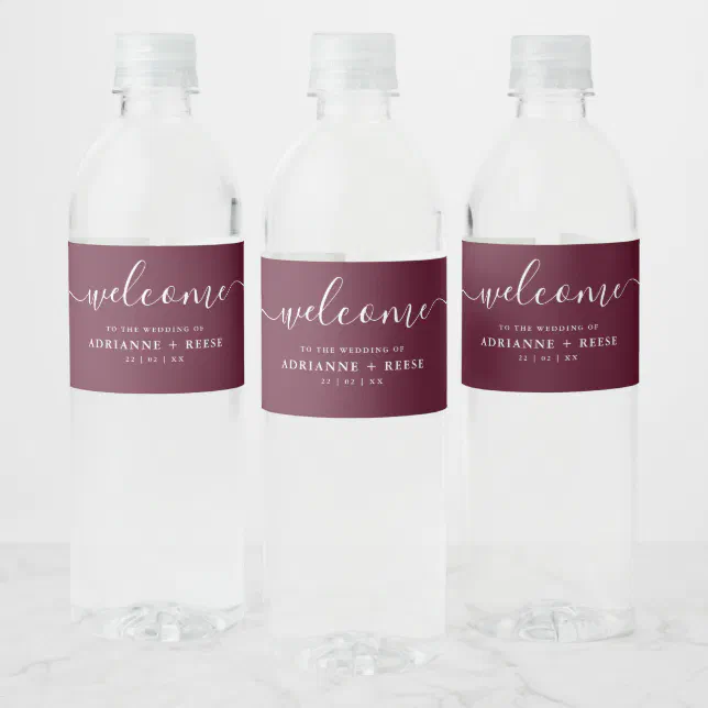 Simple Elegant Burgundy and White Wedding Water Bo Water Bottle Label ...