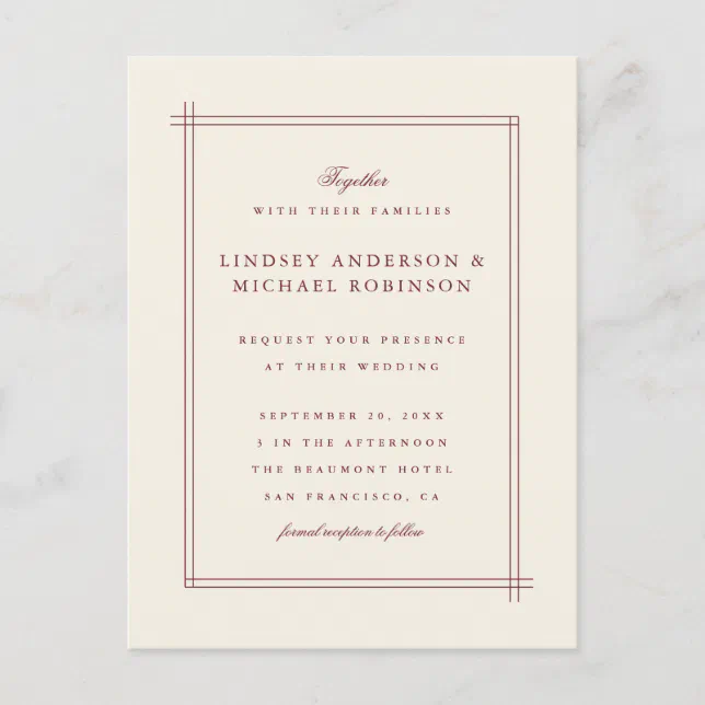Simple Elegant Burgundy & Pearled Ivory Wedding Invitation Postcard ...