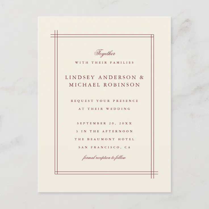 Simple Elegant Burgundy & Pearled Ivory Wedding Invitation Postcard ...