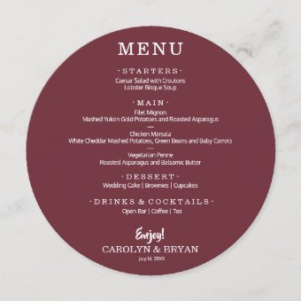 Simple Elegant Burgundy Round Wedding Dinner Menu | Zazzle