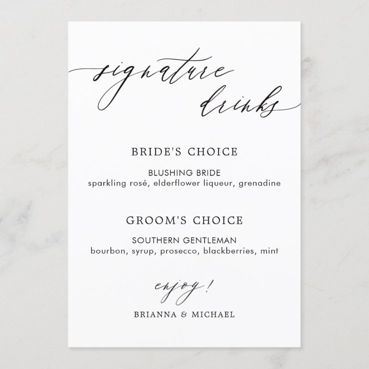 Simple Elegant Calligraphy Signature Drinks Menu | Zazzle