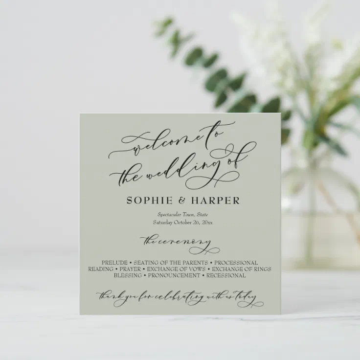 Simple Elegant Calligraphy Typography Sage Green Program | Zazzle
