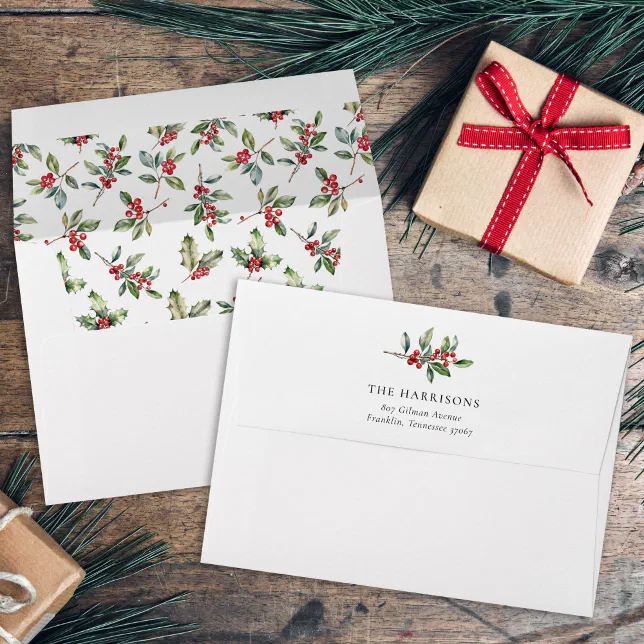 Simple Elegant Christmas Watercolor Botanical Envelope | Zazzle