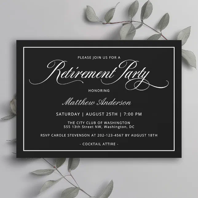 Simple Elegant Classic Black Retirement Party Invitation | Zazzle